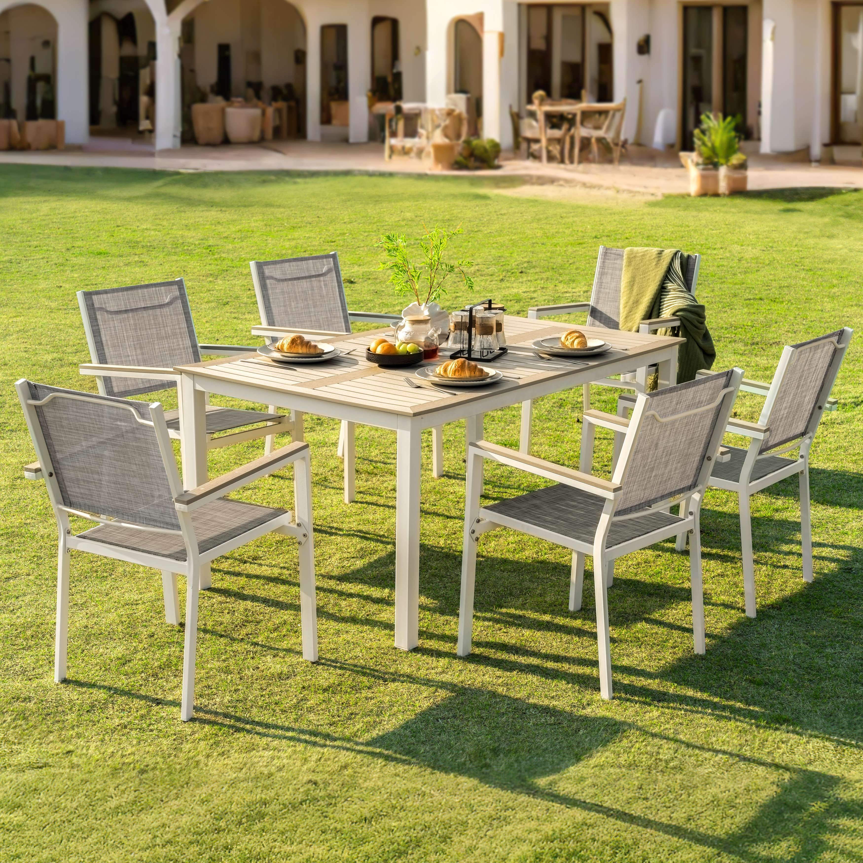 7-Piece Outdoor Dining Set with Umbrella Hole, Stackable Chairs – Nuu Garden