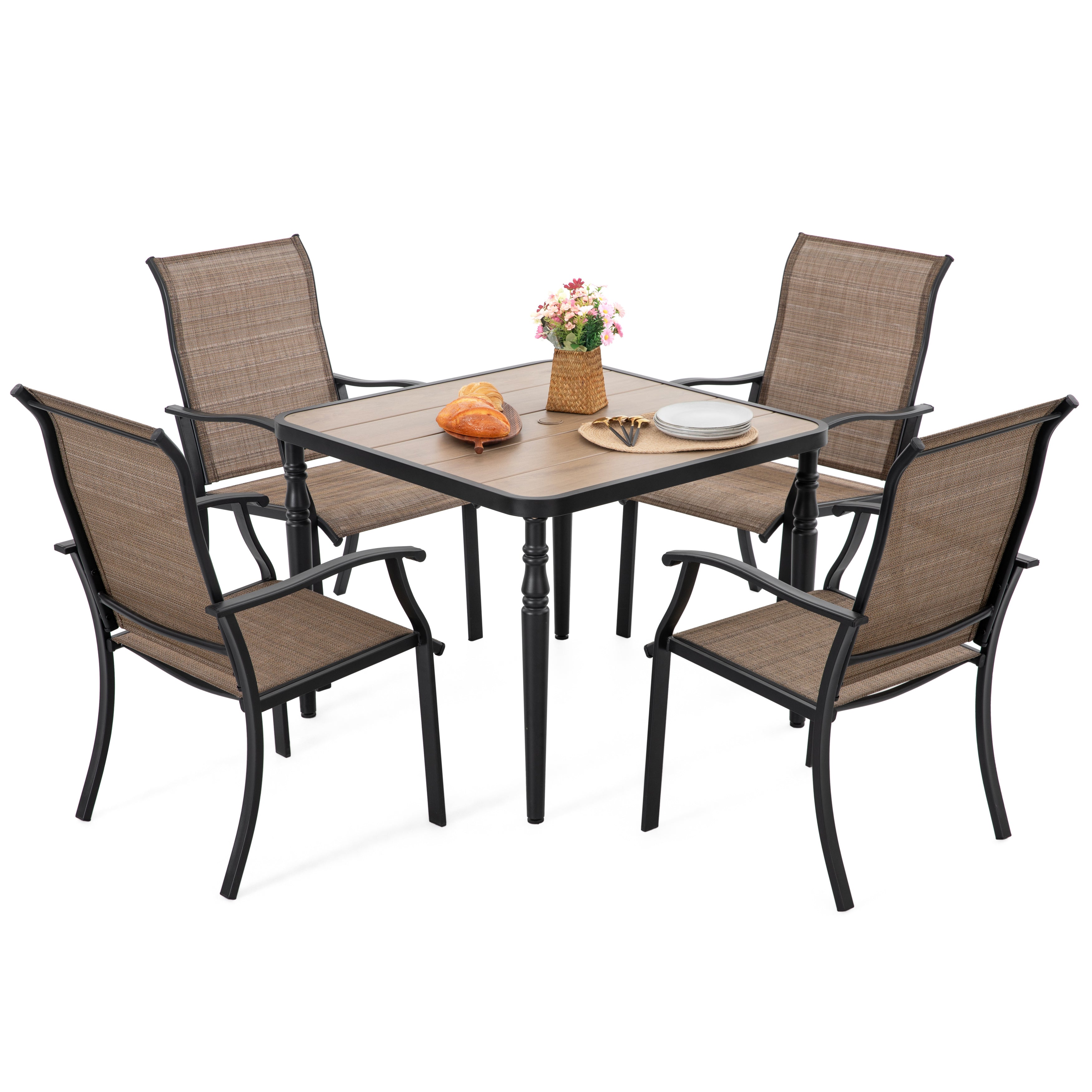 Patio Textilene Dining Set of 5 with Umbrella Hole, Wood-Grain Tableto ...