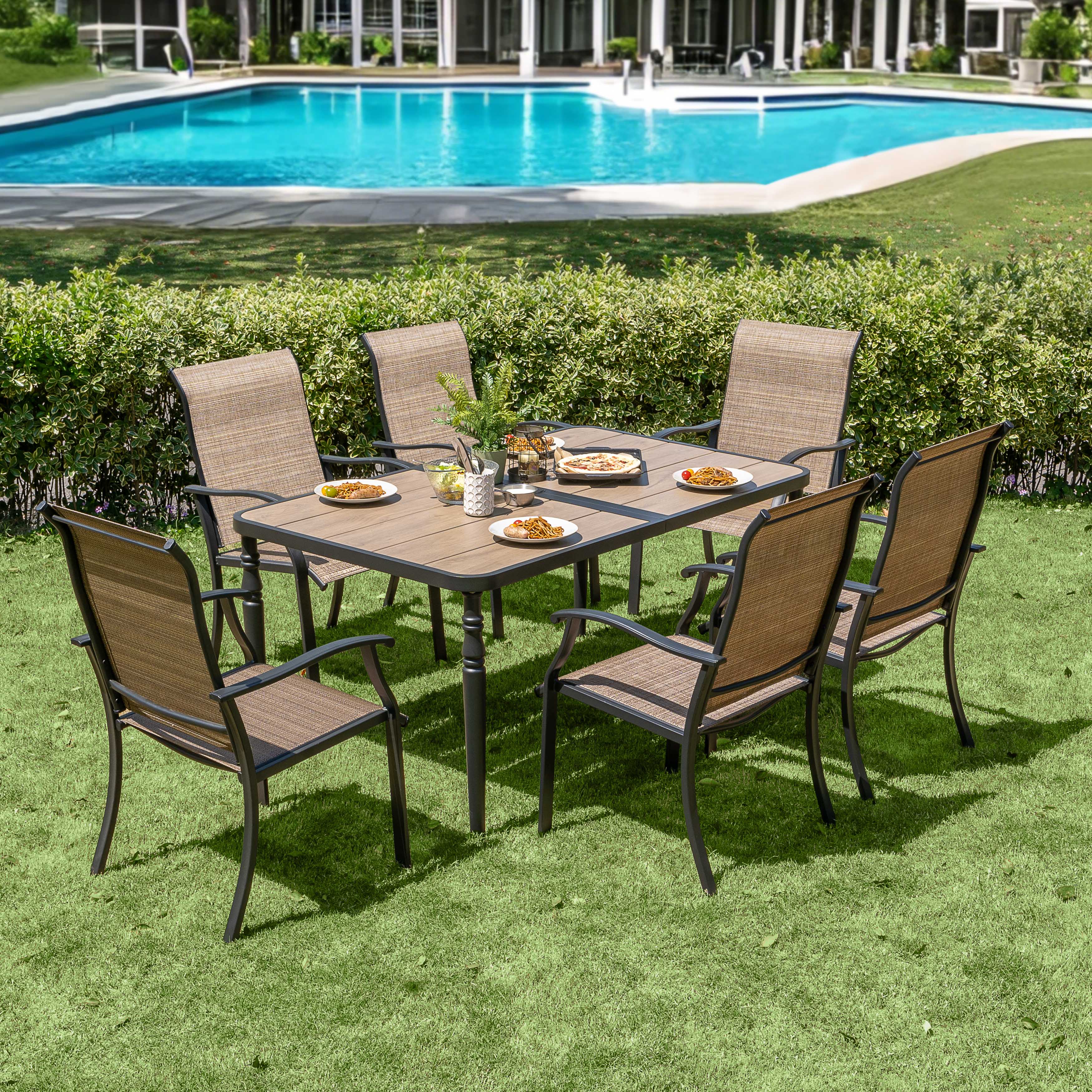 Patio Textilene Dining Set of 7 with Umbrella Hole, Wood-Grain Tableto ...