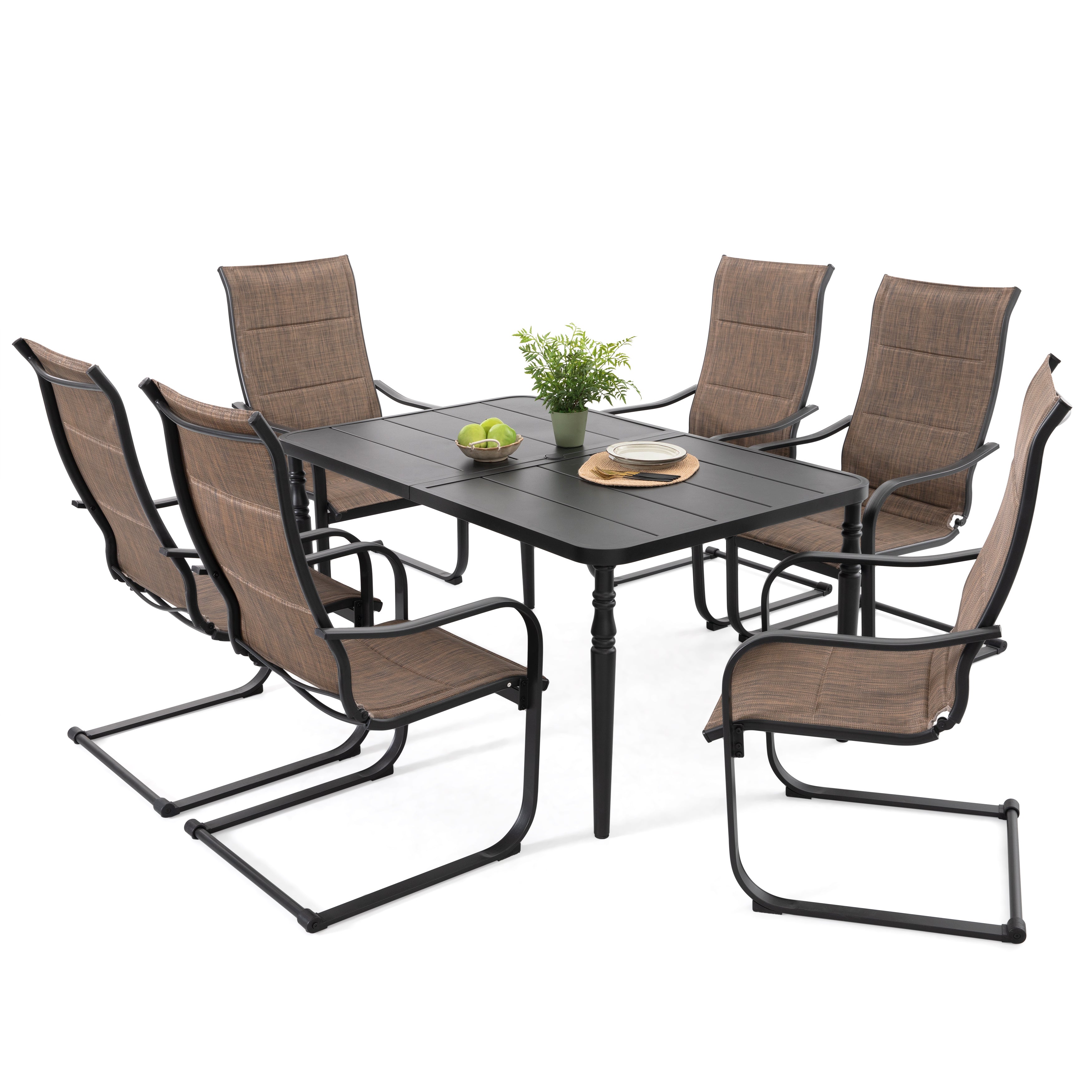 Patio 7-Piece Textilene Dining Set, C-Spring Chair Legs and Umbrella H ...