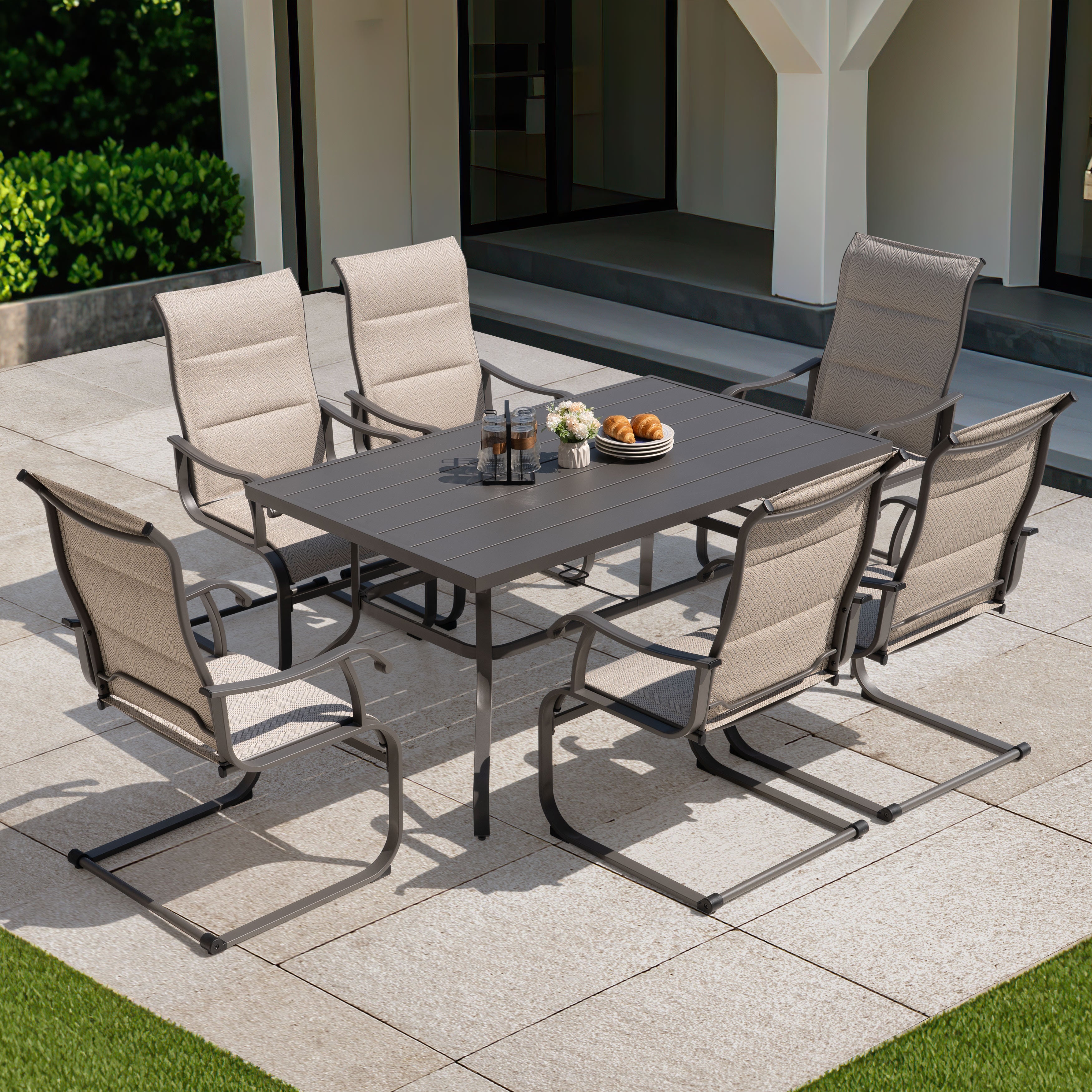 Patio 7-Piece Textilene Dining Set with Umbrella Hole and C-Spring Mot ...