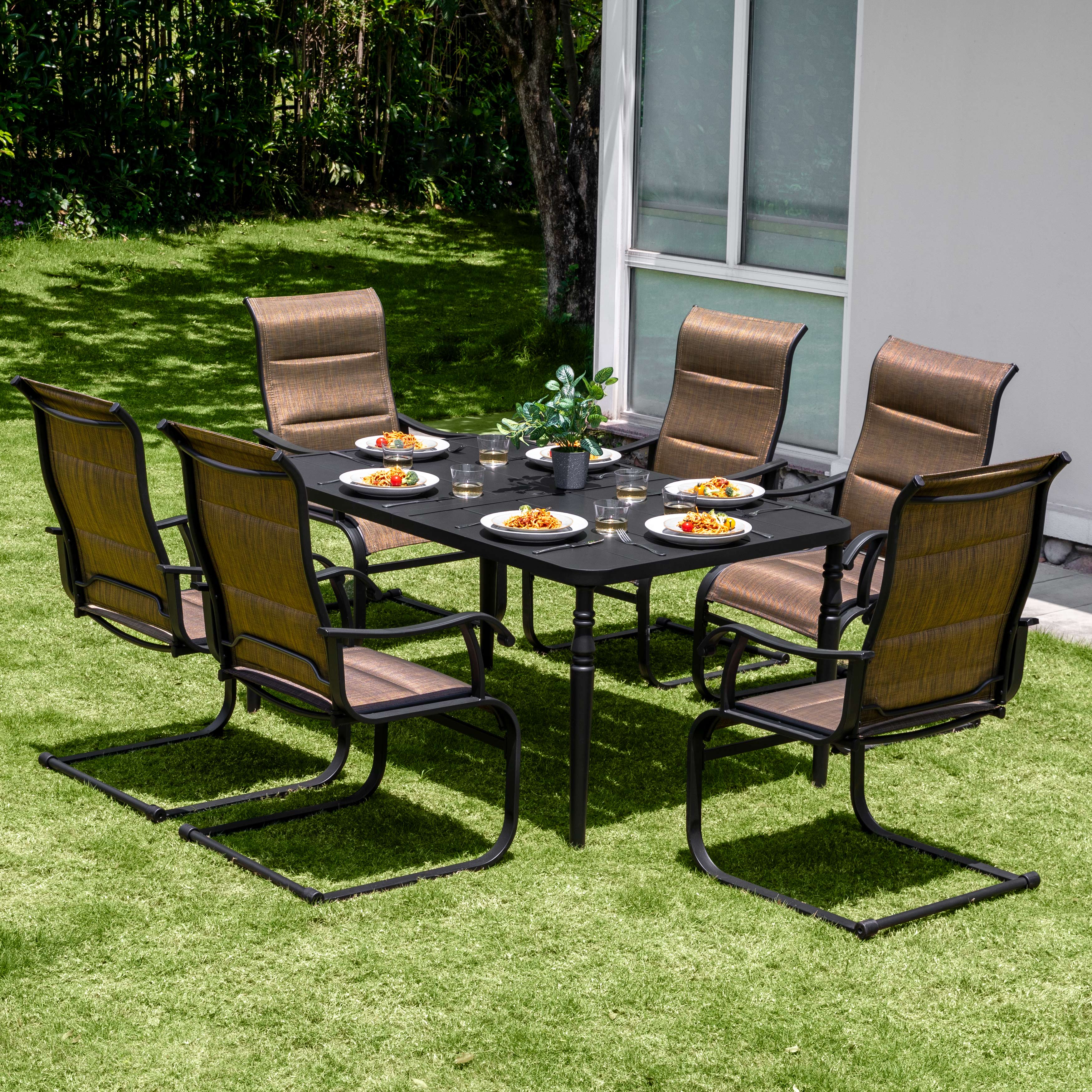 Patio 7-Piece Textilene Dining Set, C-Spring Chair Legs and Umbrella H ...