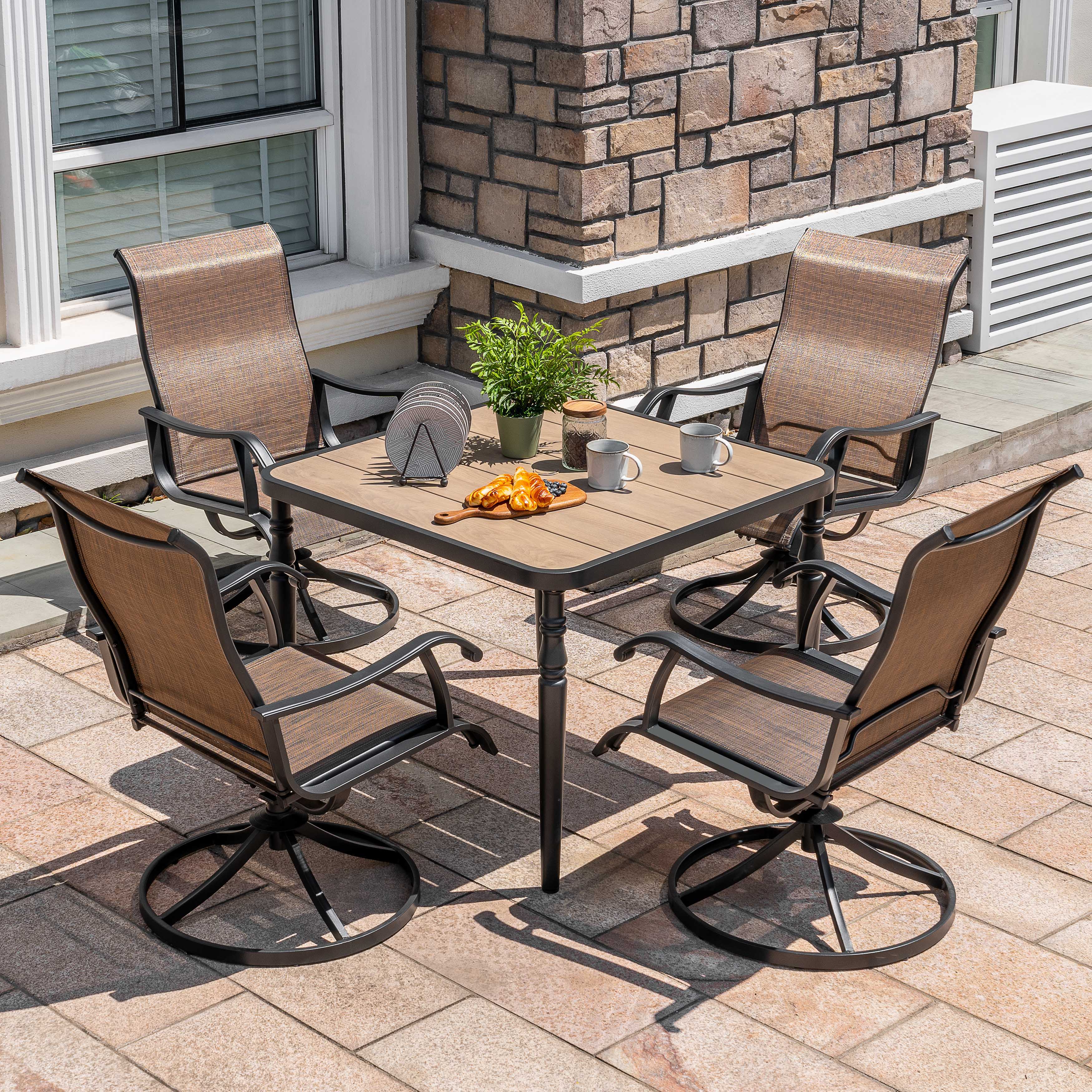 Patio 5PCS Metal Textilene Dining Set with Umbrella Hole and Swivel Ch ...